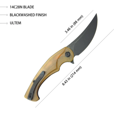 KUB173H Couteau Kubey Scimitar Yellow Ultem Lame Blackwash Acier 14C28N ...
